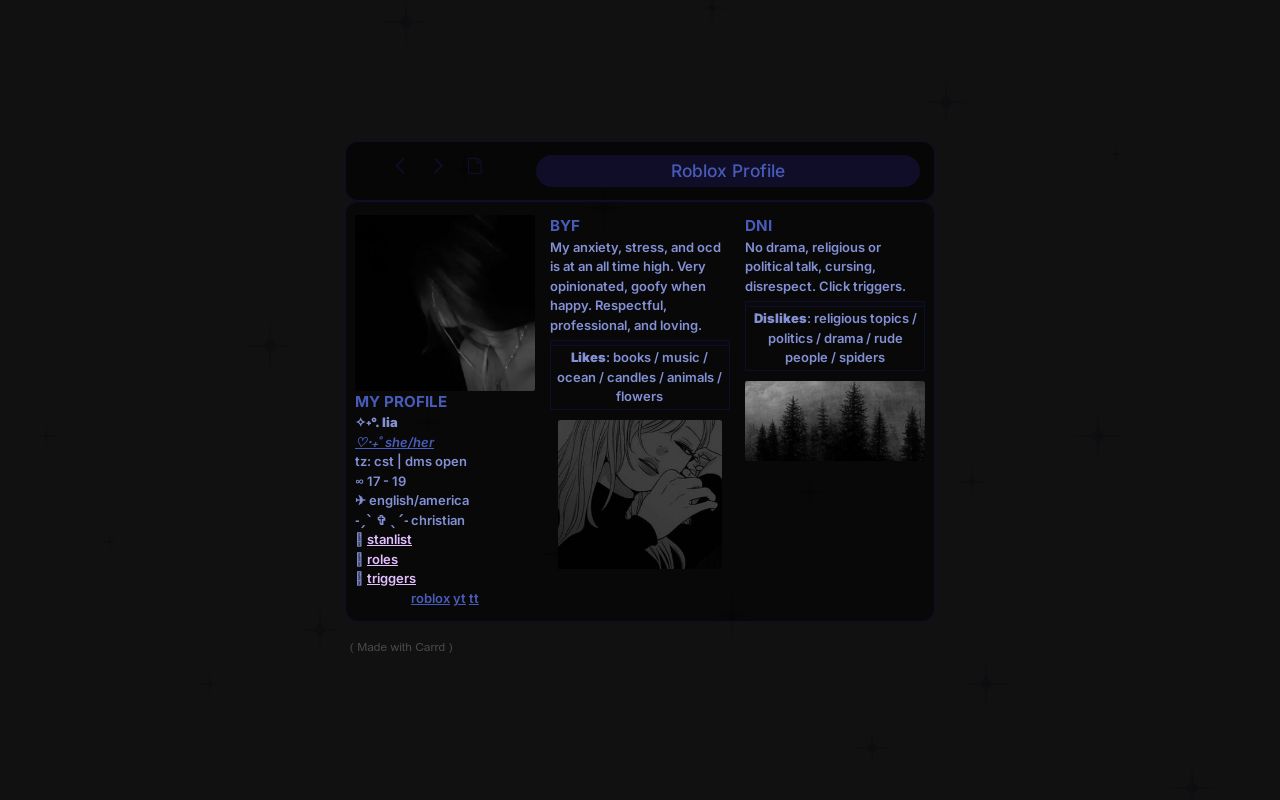 Lia's Exquisite Carrd (dark theme)